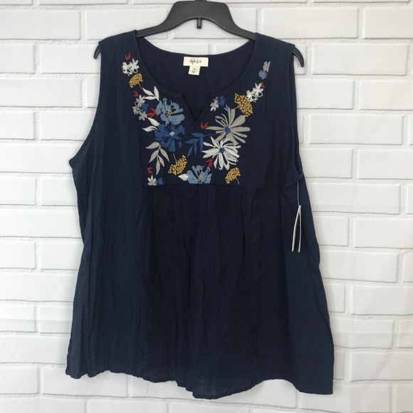 Style & Co. | Tops | Style Co Tank Top Navy Blue Floral Embroidered ...